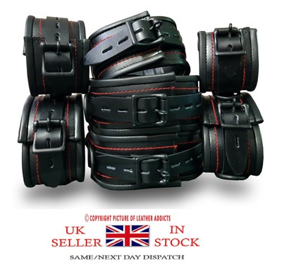 Unisex 7 Pieces Real Black Leather with Red Thread Heavy Duty Bondage ...