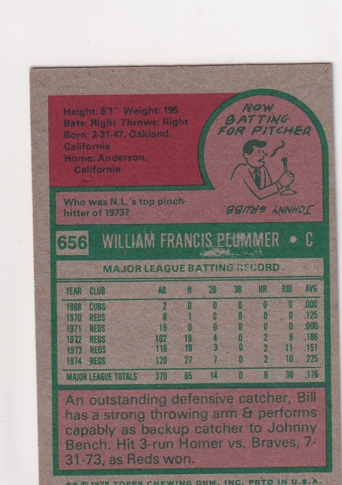 1975 TOPPS MINI BILL PLUMMER CINCINNATI REDS #656 (REVIEW PICS) (VG-EX ...