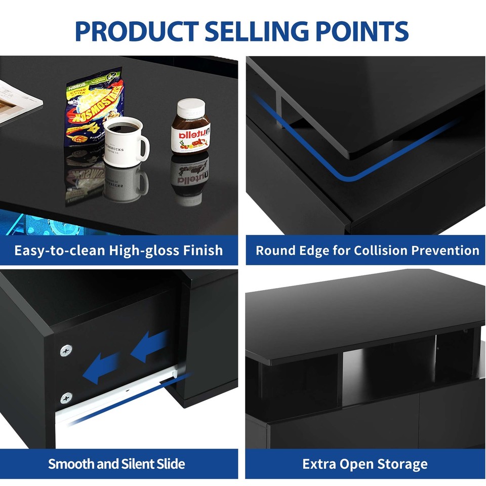Black LED Coffee Table Modern High Gloss Center Table with Storage ...
