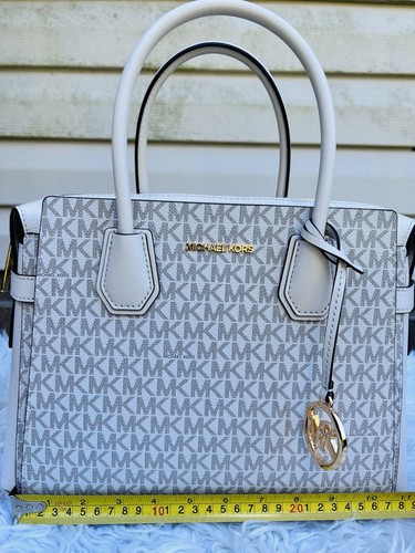 Michael Kors Medium Belted Mercer Mk Logo Leather Light Cream Multi ...