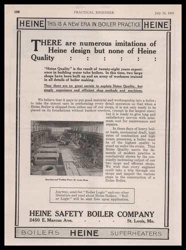 1912 Heine Safety Boiler Co. St Louis MO Erecting Testing Floor Photo ...