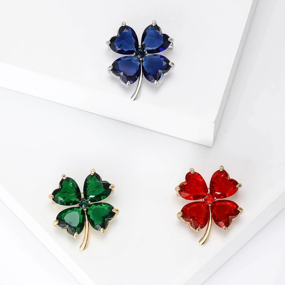 Green Four Leaf Clover Crystal Rhinestone Shamrock Brooch Ireland Pin ...
