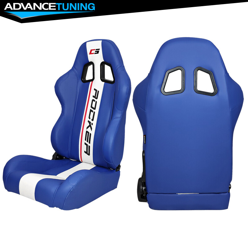 Reclinable Pair Racing Seats + Dual Sliders Blue PU Leather White ...