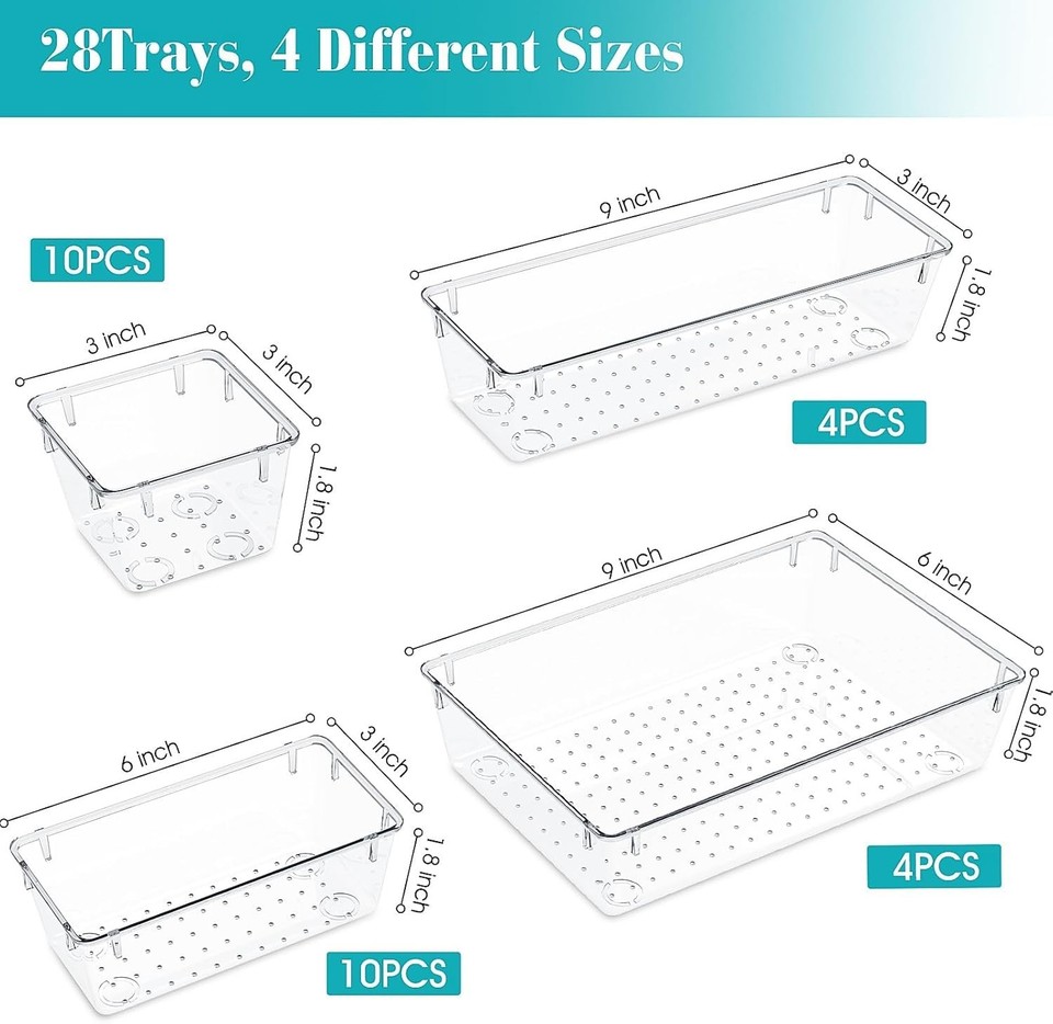28 PCS Clear Plastic Drawer Organizer Set,4 Sizes Desk Drawer Divider ...