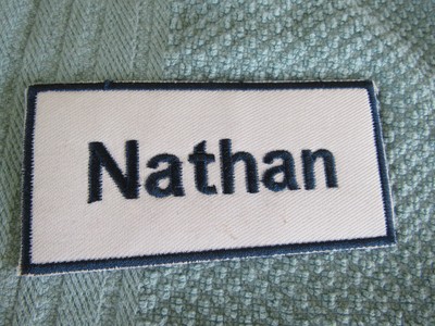 Nathan cloth name label patch 4"x2" White w/Blue letters Blue Border ...