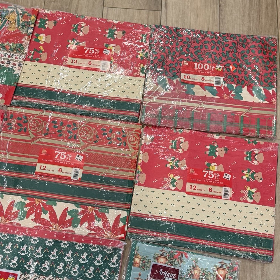 Vintage Wrapping Paper Sheets Christmas 800 Sq Feet 80s 90s Bells Bears ...