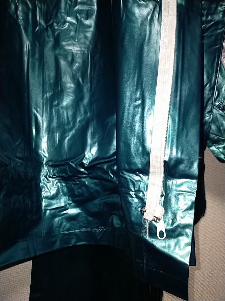 Green and silver PVC hooded jacket and green pants repaired elmonde ...