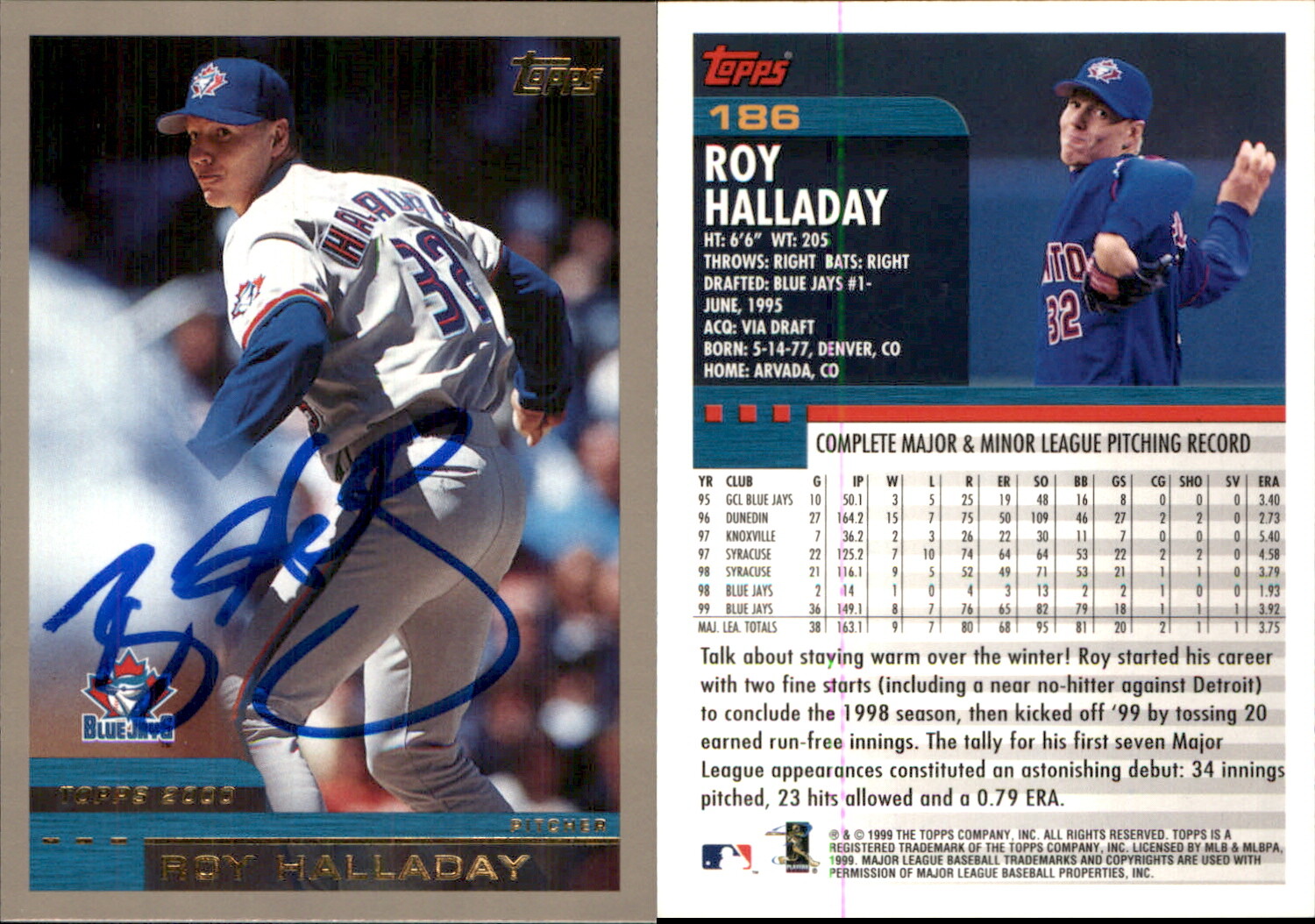 Roy Halladay Signed 2000 Topps #186 Card HOF Toronto Blue Jays Auto AU ...