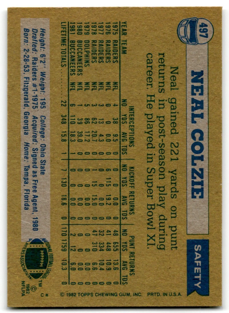 1982 Topps Neal Colzie Tampa Bay Buccaneers #497 | eBay