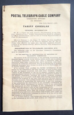 Antique 1912 Postal Telegraph Cable Company Tarriff Circular - New York ...