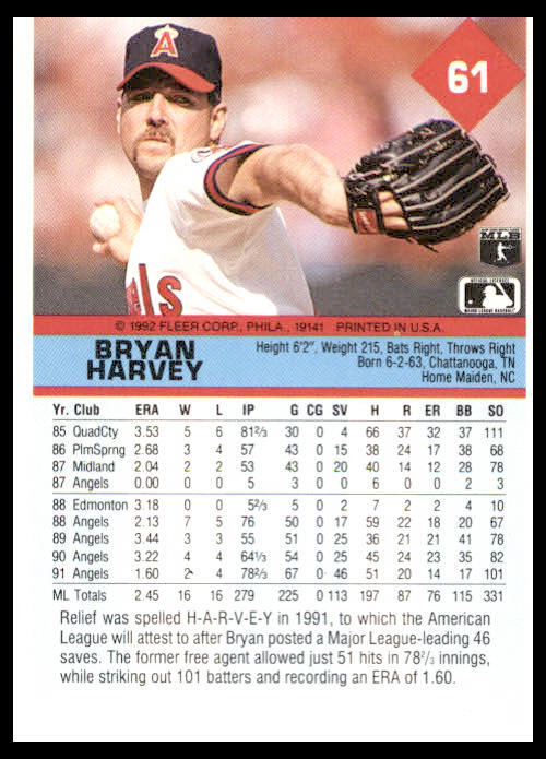 1992 Fleer #61 Bryan Harvey California Angels Baseball Card | eBay