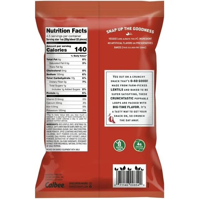 Harvest Snaps HOT & SPICY Crunchy Loops Baked Red Lentil 4 Snacks 4.5Oz ...