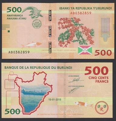 Burundi 500 francs 2015 Crocodile Coffee Flag & Map P50a Prefix AB UNC ...