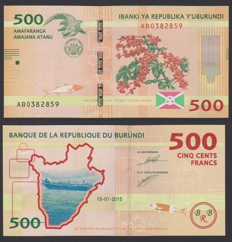 Burundi 500 francs 2015 Crocodile Coffee Flag & Map P50a Prefix AB UNC ...
