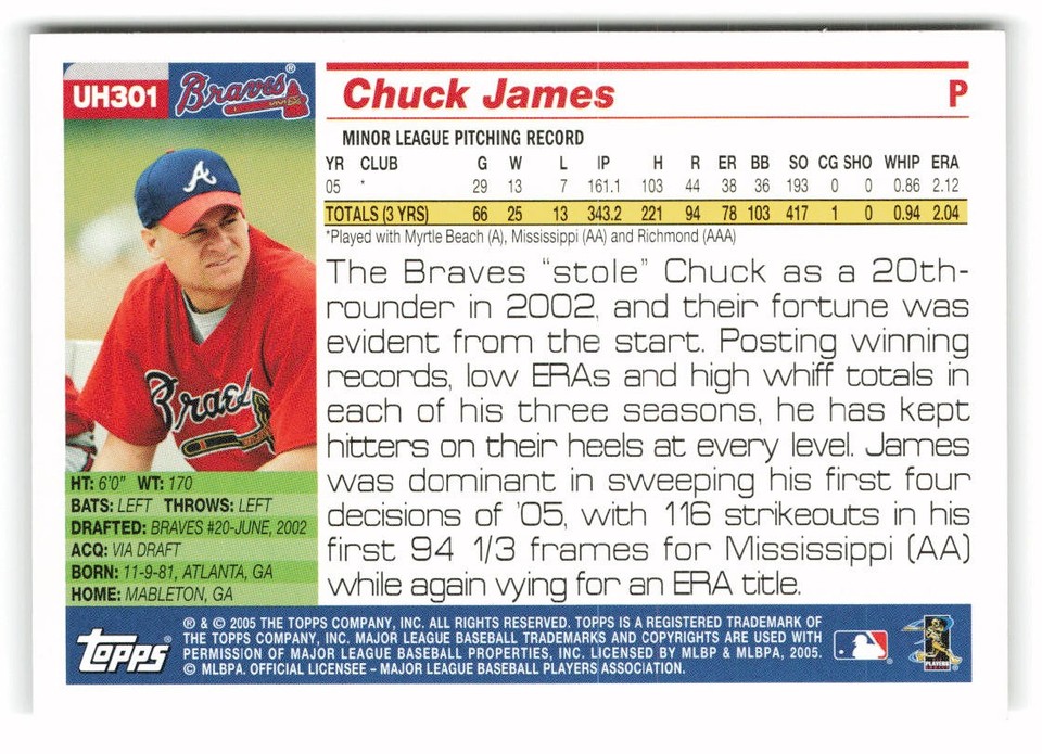 2005 Topps Updates & Highlights #UH301 Chuck James Rookie Atlanta ...