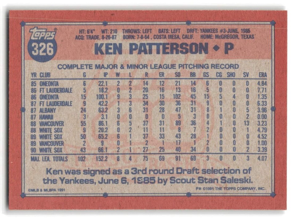 Ken Patterson 1991 Topps Baseball #326b Chicago White Sox TM printed in ...