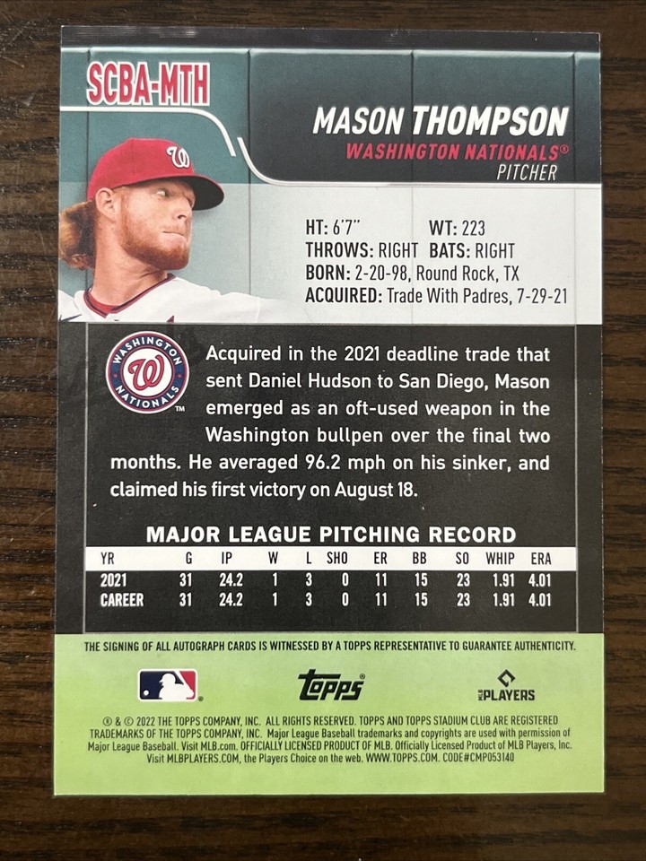 2022 Stadium Club #SCBA-MTH Mason Thompson RC Autograph Washington ...