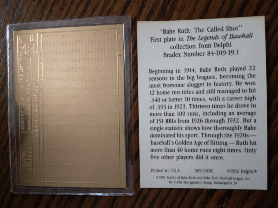 Babe Ruth 1996 CMG 22K Gold Card Sealed & 1992 Delphi "The Called Shot ...