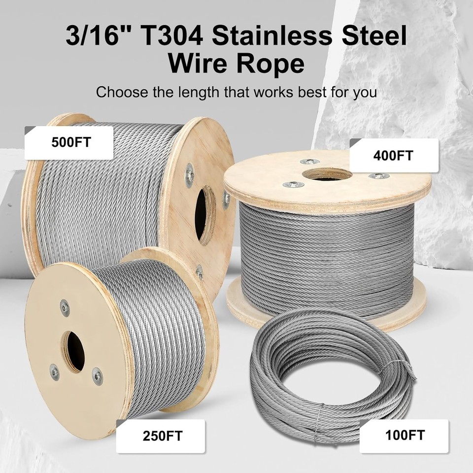 Thickened 3/16" 25ft Stainless Steel Cable with Wire Rope Clip, Thimble ...