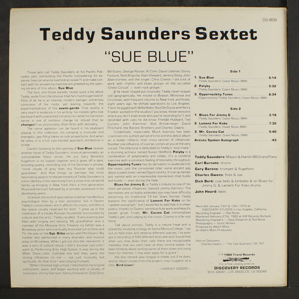 TEDDY SAUNDERS SEXTET: sue blue DISCOVERY 12" LP 33 RPM | eBay
