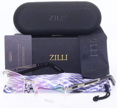 ZILLI ZI 60026 C08 RIMLESS SILVER BLACK TITANIUM LEATHER EYEGLASSES 60 ...