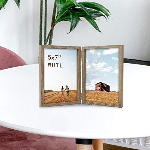 5x7 Double Picture Frames Hinged Wood Grain with Real Glass Stand ...