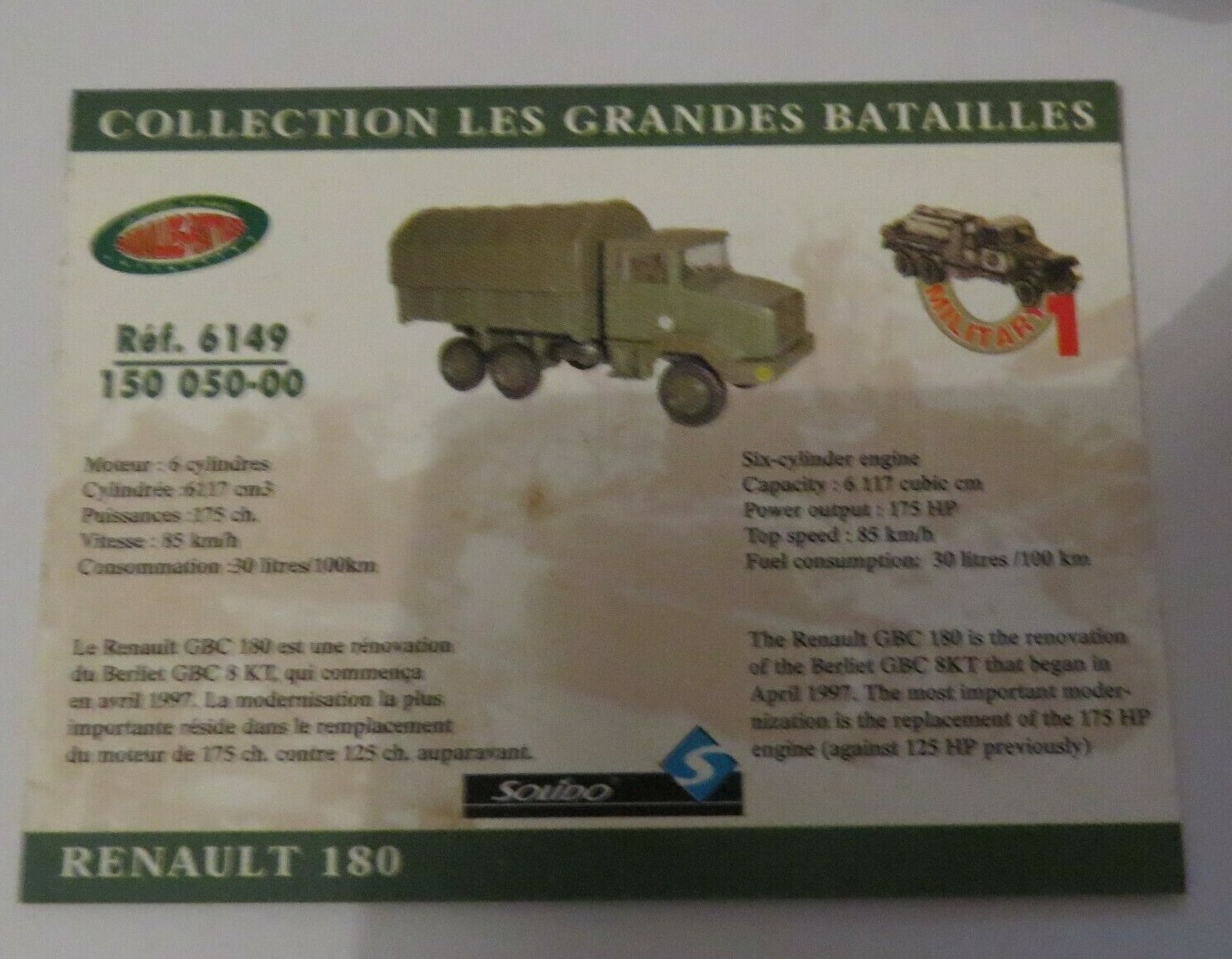 SOLIDO 1:50 Renault GBC 180 Truck Lorry Military Vehicle Diecast Model ...