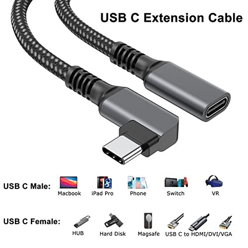 USB C Extension Cable 6.6ft, USB Type-C 3.1 Extender Cord 100W 10 Gbps ...