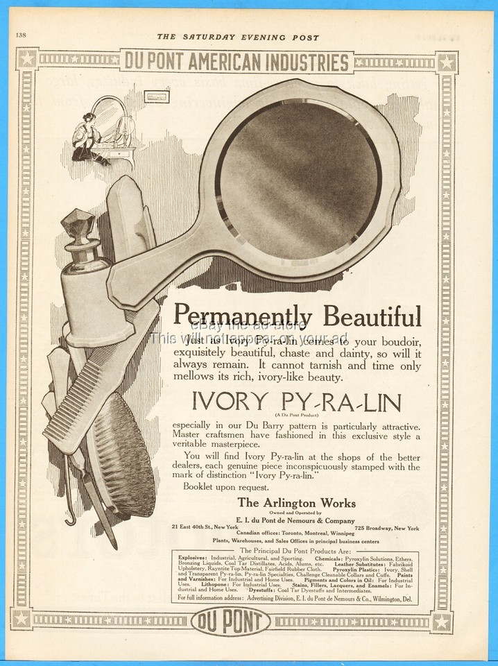 1919 Ivorine Celluloid Vanity Dresser Set Py-Ra-Lin Ivory-Color Ad ...