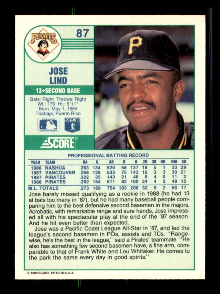 1989 Baseball 1989 Score Jose Lind Pittsburgh Pirates #87 1 | eBay