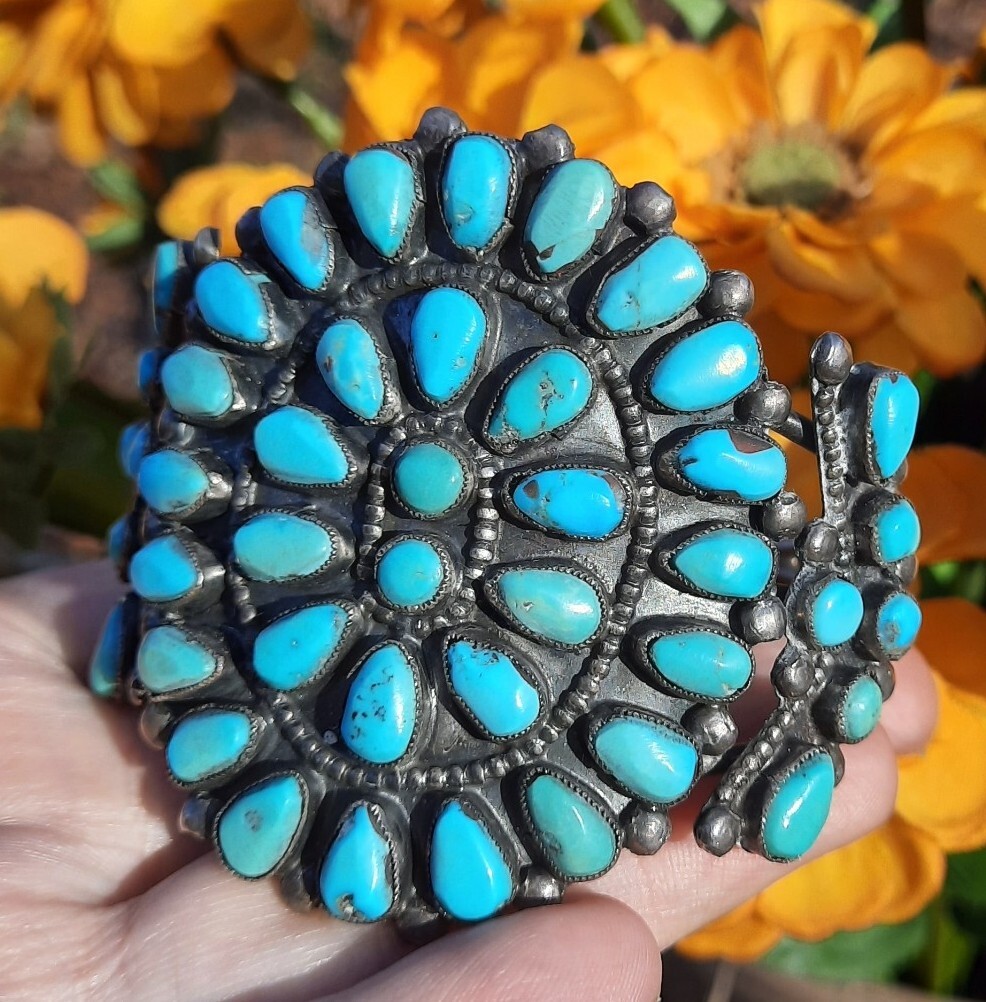 Old Pawn Sterling Silver Carved Turquoise Cluster Cuff Bracelet Big Vtg ...