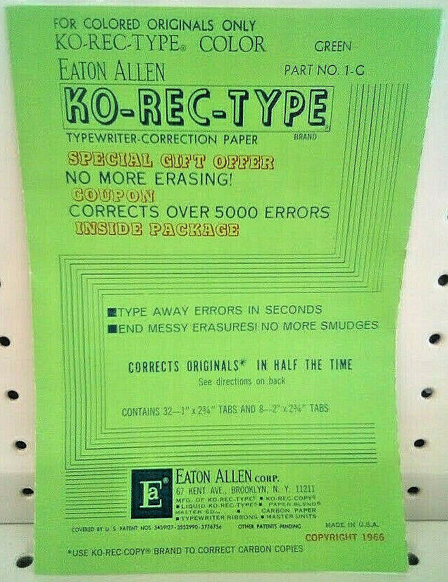Vintage Eaton Allen Corp. KO-REC-TYPE Typewriter Correction Paper ...