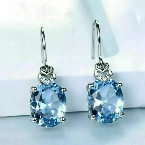 Lab Created Blue Topaz 3Ct Oval Cut Women's Drop Dangle Earrings 925 ...