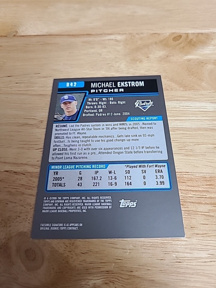 2006 Bowman Prospects GOLD #B42 Michael Ekstrom San Diego Padres Rookie ...