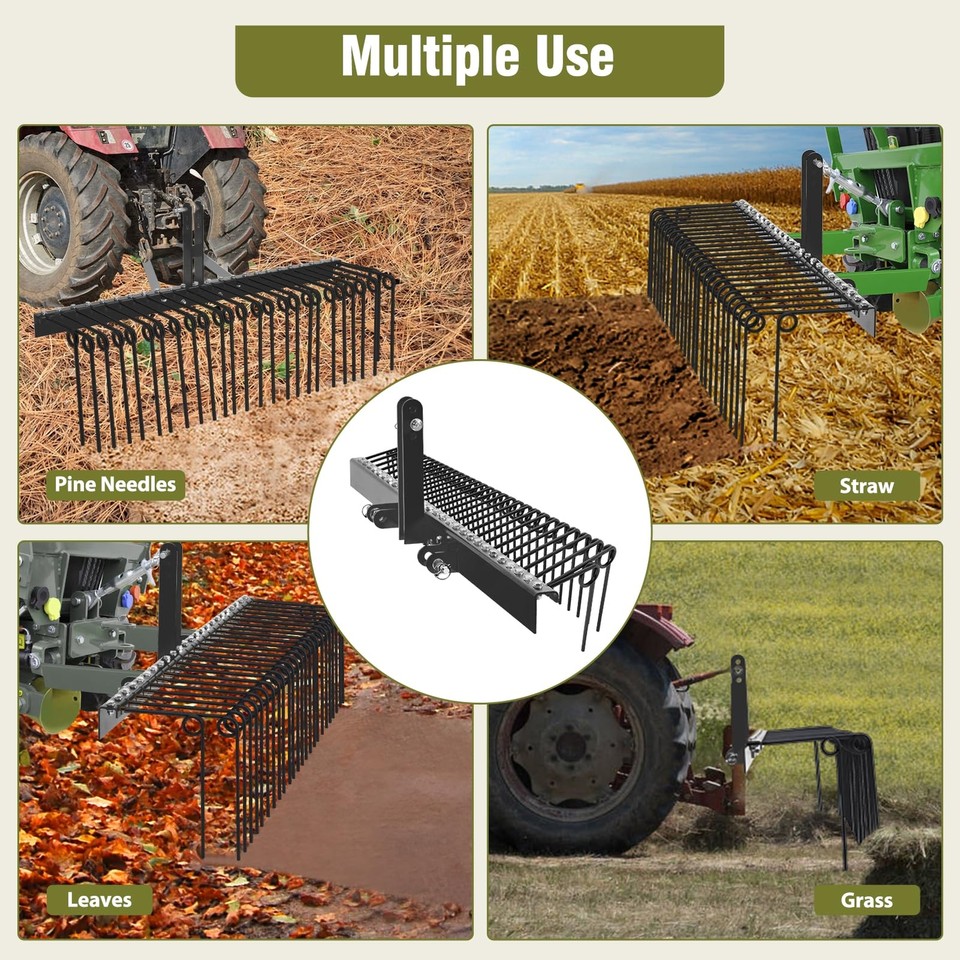 72" Steel Pine Straw Needle Rake 3 Point Hitch for Tractors Fit for Cat ...
