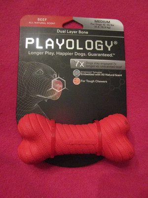 Playology Dog Dual Layer Bone Chew Toy Durable Rubber Toy Medium Beef ...