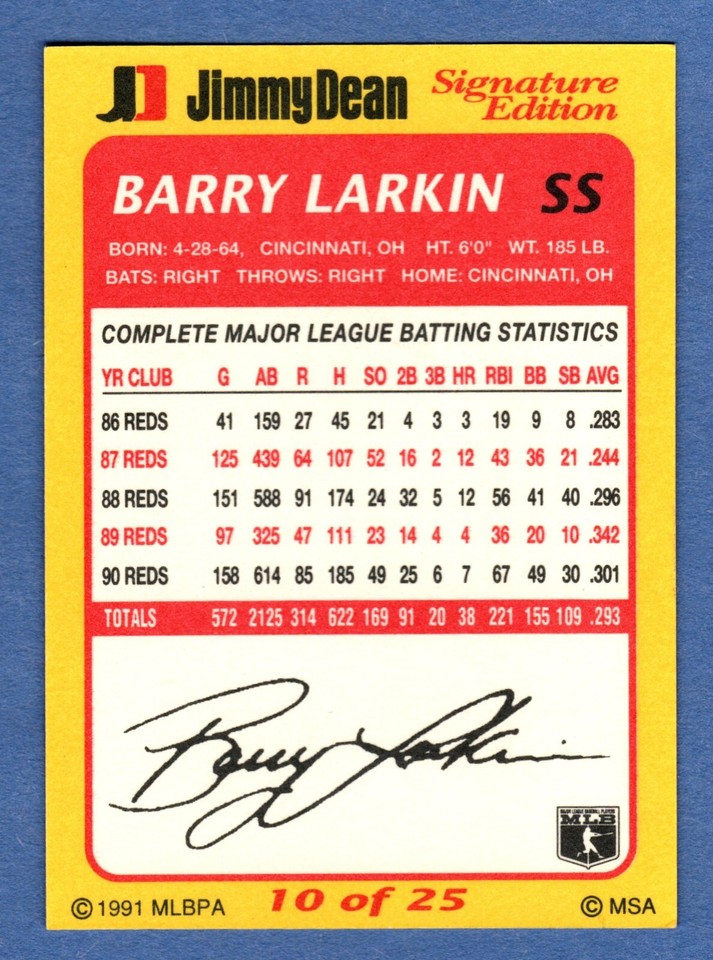 Barry Larkin 1991 Jimmy Dean Signature Edition Baseball Card #10 Reds ...