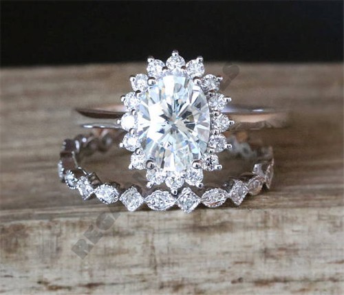 2C VVS1 Diamond Engagement Oval Halo Wedding Ring Set 14K White Gold ...