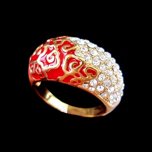 Elegant & Stunning Clear Crystal Rhinestones Red Enameled Carved Cloudy ...