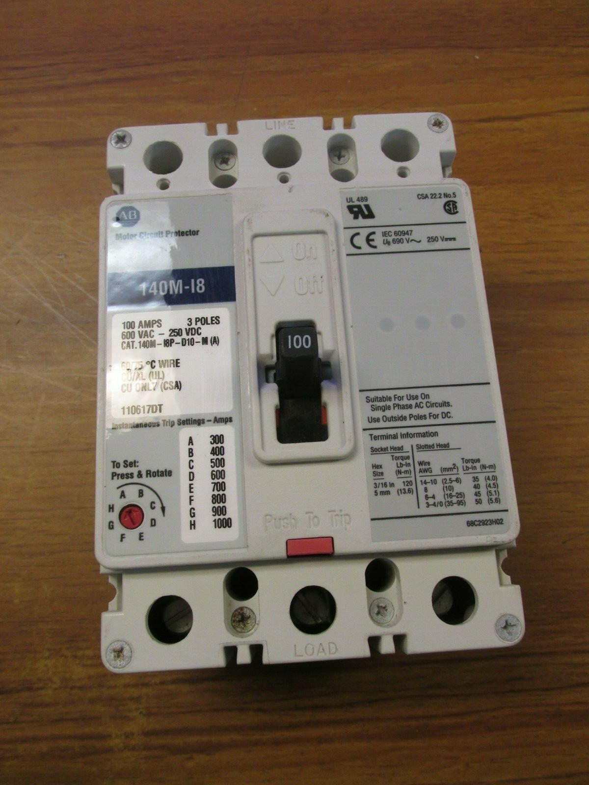 Allen-Bradley Motor Circuit Protector 3P, 100A, Cat# 140M-I8P-D10-M ...