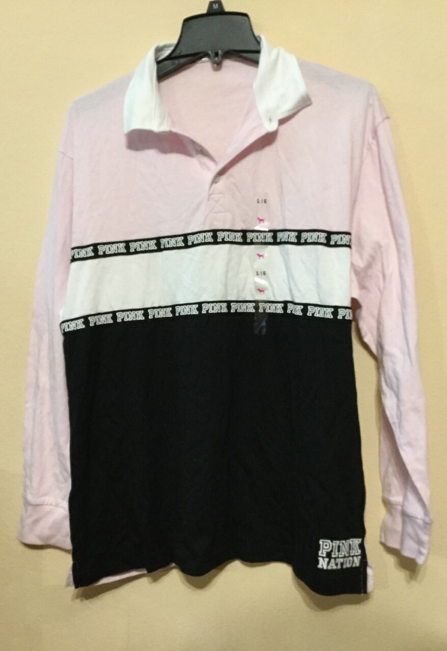 NWT Victoria's Secret PINK Long Sleeve Rugby Tee Pink Nation Large RARE ...