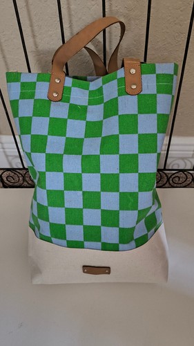 ECCOLO CANVAS TOTE Leather Handles Checkered Blue Green Beachy UNISEX ...