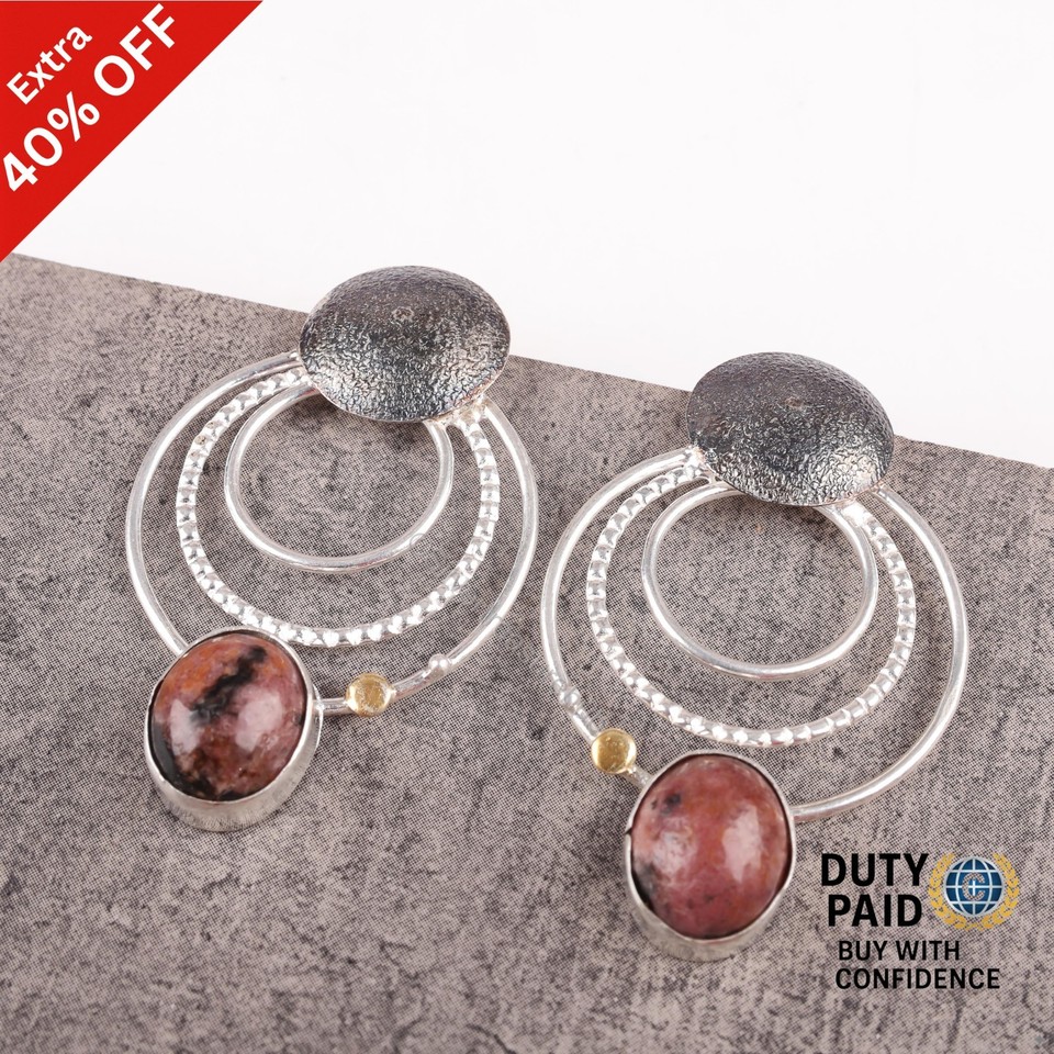 Christmas Deal Sterling Silver Black Rhodonite Stone Dangle Drop Ethnic ...