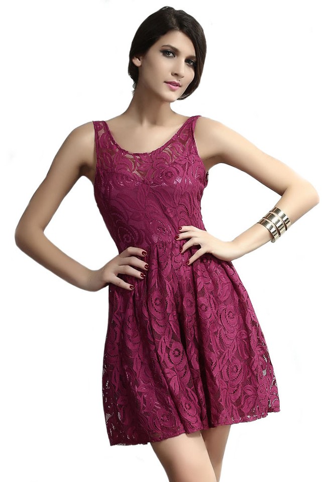 Gorgeous Skater Red Midi Dress in Lace with Open Back Berry | eBay