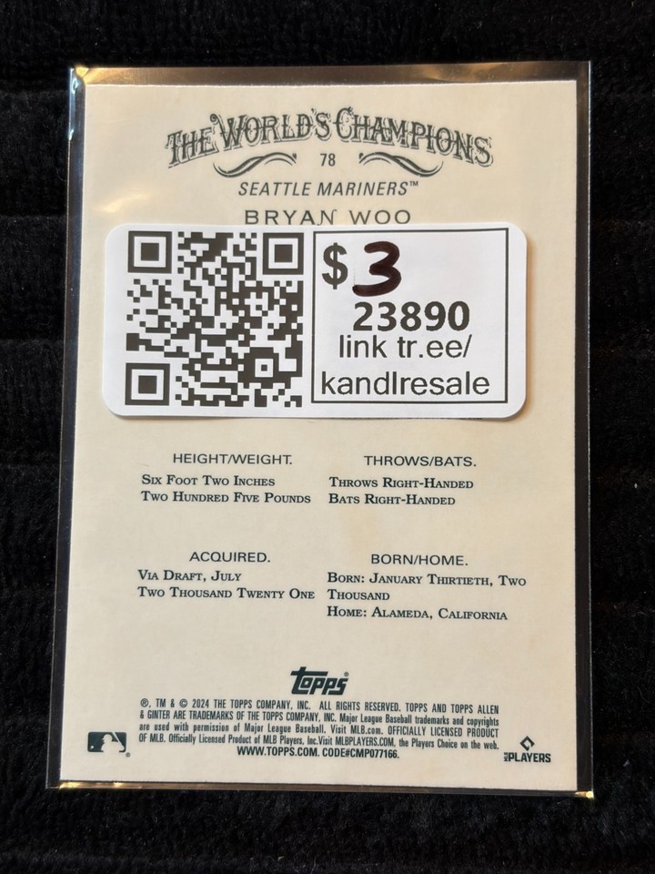 2024 Topps Allen & Ginter Bryan Woo #78 RC Baseball Card Mariners ...