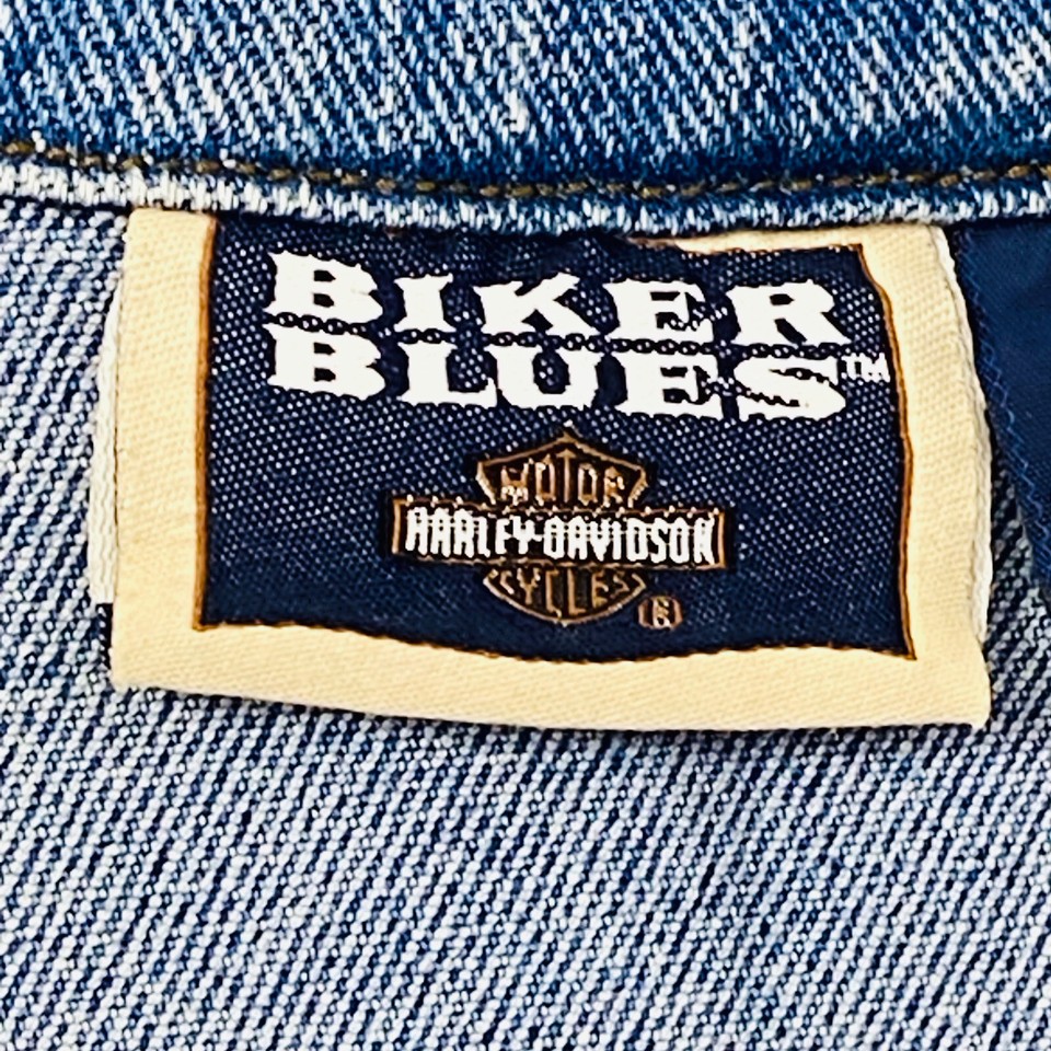 BIKER BLUES Harley Davidson Blue Stretch Denim Vest Zip Front Womens ...
