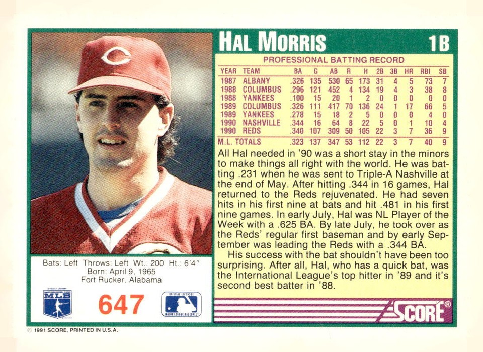 1991 Score #647 Hal Morris | eBay