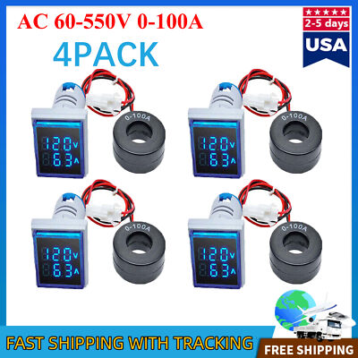 4pcs AC 60-500V 0-100A 22mm 3 in 1 Voltmeter Ammeter LED Digital Volt ...