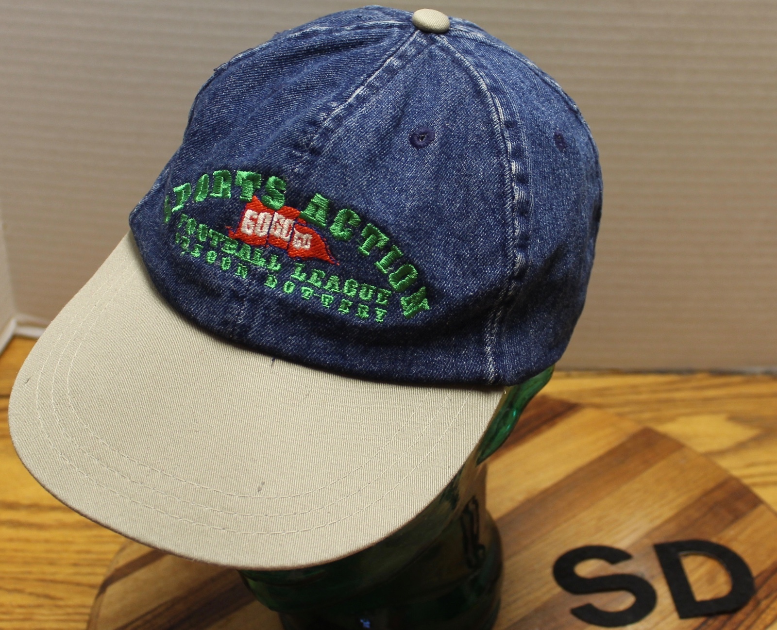 SPORTS ACTION FOOTBALL LEAGUE OREGON LOTTERY HAT BLUE DENIM CROWN VGC ...