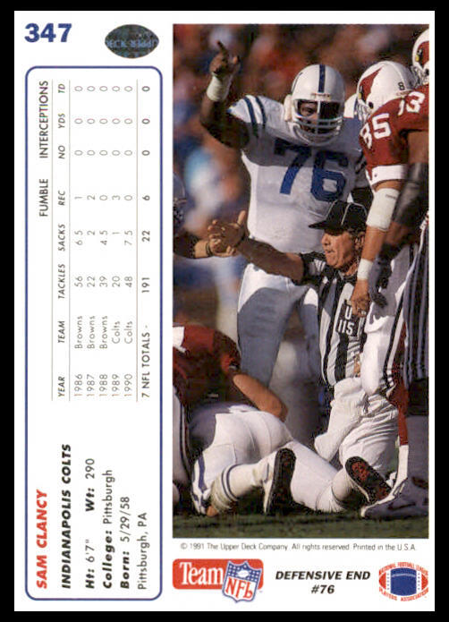 1991 Upper Deck #347 Sam Clancy Indianapolis Colts Football Card | eBay